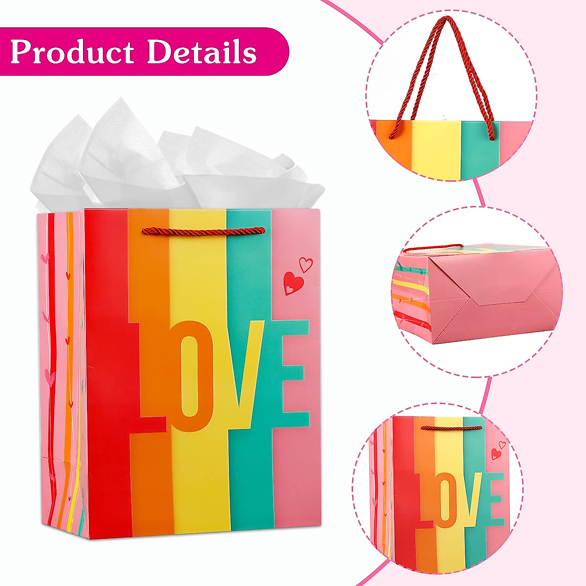 D4DREAM Love Gift Bag for Valentine's Day Medium Gift Bag with Tissue Paper 11" Valentine's Day Paper Gift Bags with Handle Gift Bag with Love Design for Valentines Day Anniversary, Valentines Day, Grooms Gift