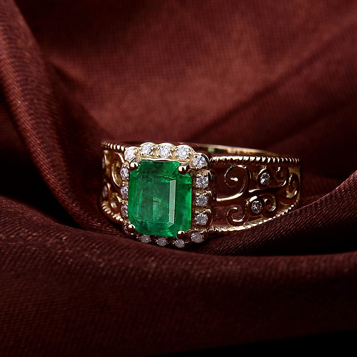 Lanmi Solid 14K Rose Yellow Gold Natural Emerald Rings Engagement Wedding Diamond Band for Women Promotion