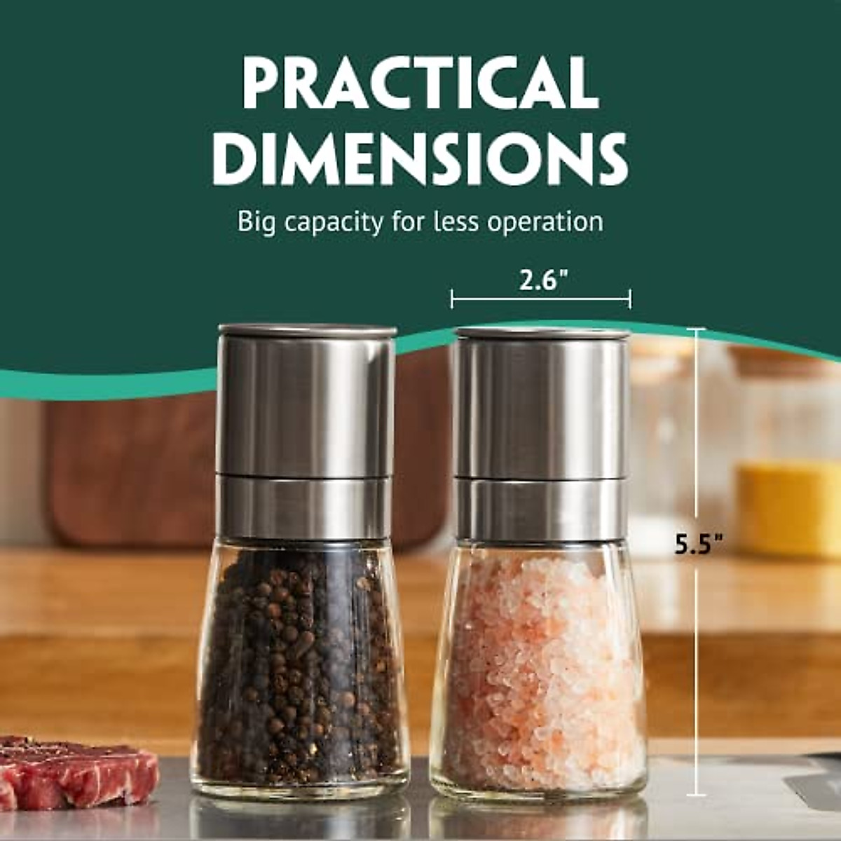 KITEXPERT Pepper Grinder - Chunky Glass Pepper Mill Grinder with Large Capacity - Upgraded Grinding Precision Pepper Grinder Manual - Refill Salt Grinder