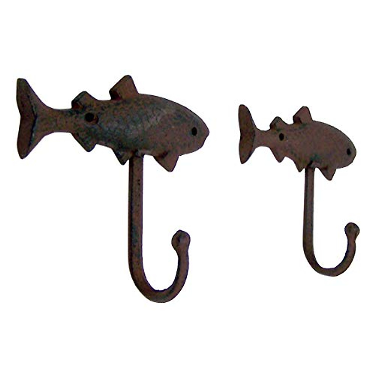 Primitive Brown Fish Cast Iron Anchor Wall Hooks, 5 1/4 Inches, Set of 2