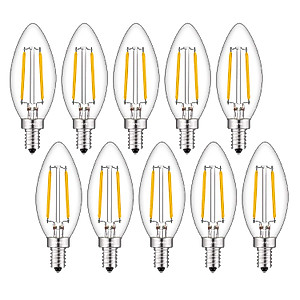 OMAYKEY 2W LED Candelabra Bulb 25W Equivalent 3000K Soft White 250LM, E12 Base LED Chandelier Light Bulbs, Vintage Edison Clear Glass B11 Candle Torpedo Shape, Non-dimmable, Pack of 10