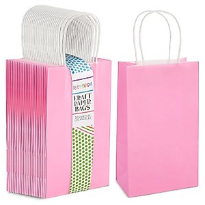BLUE PANDA 25 Pack Gift Bags with Handles 5.3x3.2x9 Inches, Small Kraft Paper Bag for Birthday, Wedding Party Favors (Pink)