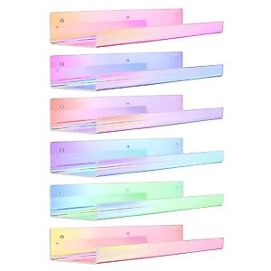 upsimples 6 Pack Acrylic Shelves for Wall Storage, 15" Floating Shelves, Kids Bookshelf, Nail Polish Holder, Perfume Display Shelf Organizer for Bathroom, Bedroom, Living Room, Iridescent