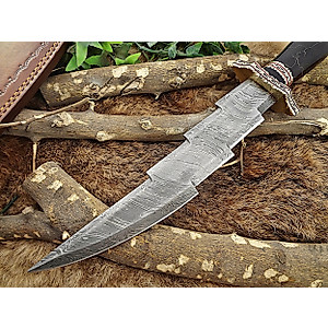 15 Inches long Damascus Steel Hunting Knife, 10" long custom made Hand Forged Damascus steel zig zag blade, Bull horn with engraved brass scale and finger guard, Cow hide Leather Sheath with belt loop