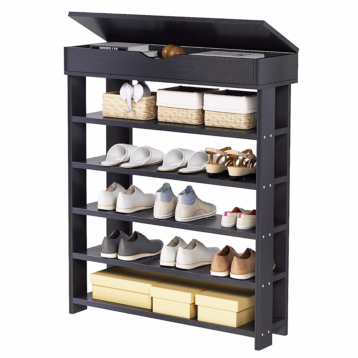 sogesfurniture 5-tier Wooden Shoes Rack Organizer with Storage Compartment, Free Standing Shoe Storage Shelf for Entryway, Living Room, Hallway, Doorway (29.5" Black)