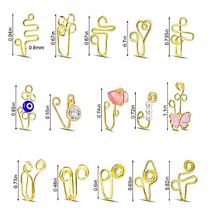 Mity rain Nose Cuffs, 18k Gold Plating African Nose Cuff Non Piercing, Clip On Fake Nose Cuff for Women(15pcs)