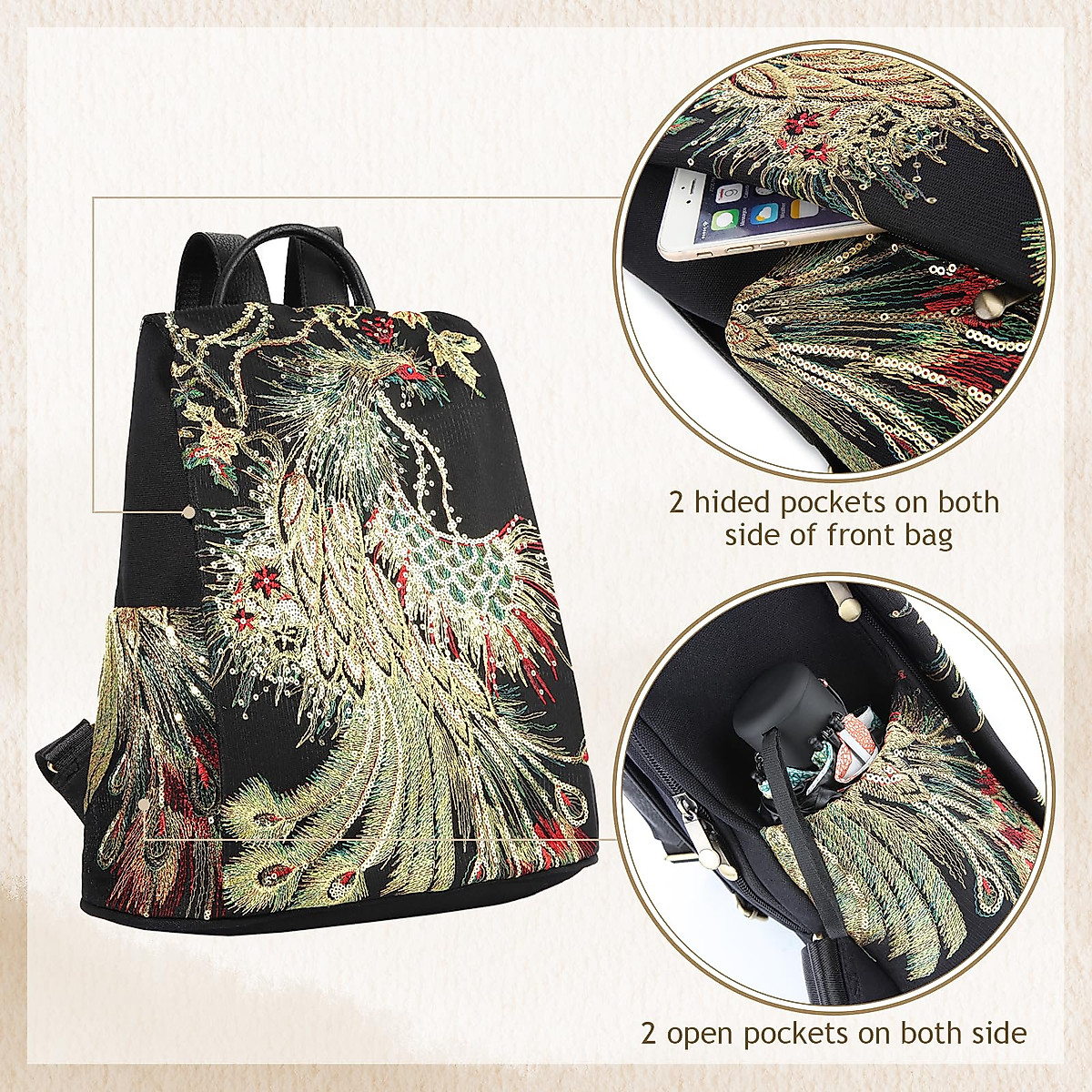 Embroidered Women Backpack Purse, Fashion Canvas Travel Anti-theft Rucksack School Shoulder Bag (Denim-Deep Blue)