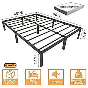 DURISO Queen Size Bed Frame Heavy Duty Metal Bed Frame 14 Inch High Queen Size Platform Max 3500lbs No Box Spring Needed Easy Assembly No Noise Black
