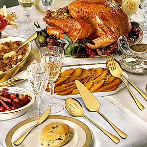 Homikit 6 Pieces Gold Serving Utensils, Modern Stainless Steel Serving Hostess Set with Serving Spoons, Serving Fork, Pie Server, Butter Knife, Ice Cream Spoon, Mirror Polished, Dishwasher Safe