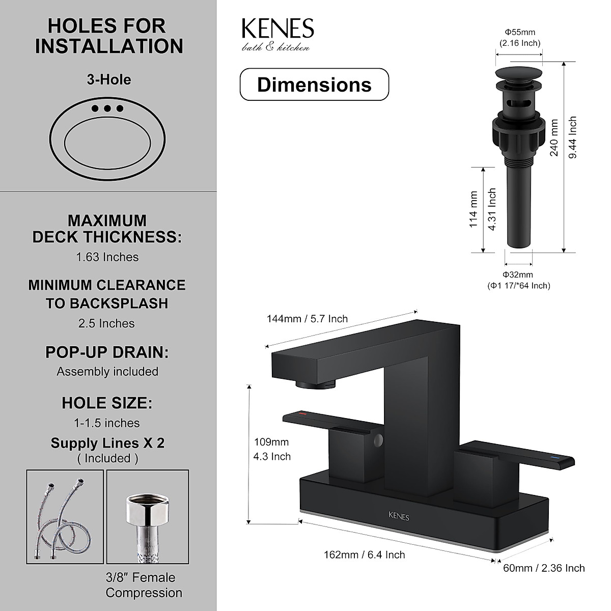 KENES Black Centerset Bathroom Faucet 3 Hole Bathroom Sink Faucet Matte Black Two Handle Modern Vanity Faucet with Pop Up Drain & Supply Lines, KE-9051-2-P