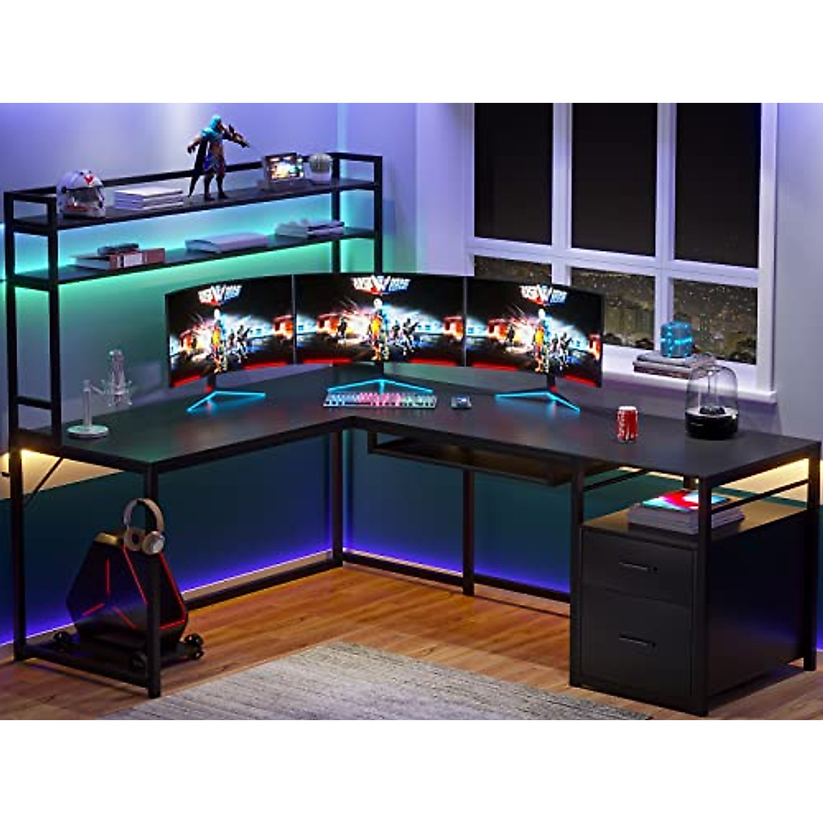 SEDETA L Shaped Desk with Hutch, Home Office Desk with File Drawers, 94.4 Inches Two Person Desk, Corner Computer Desk with Keyboard Tray, Monitor Stand, Storage Shelves, Gaming Desk, Black