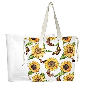 Sunflower Butterfly Clear Tote Bag, Women Shoulder Bag Double Transparent Bags Handbag for Work, School, Shopping, Travel, Beach （21160099）