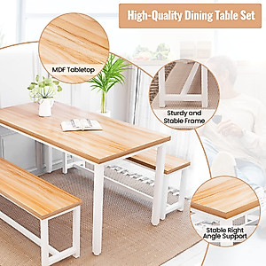 Recaceik 3-Piece Dining Table Set for 4, 43'' Dining Room Table Set with 2 Benches, Space-Saving Dinette Table with Metal Frame & MDF Board, Breakfast Table for Kitchen, Dining Room, Walnut