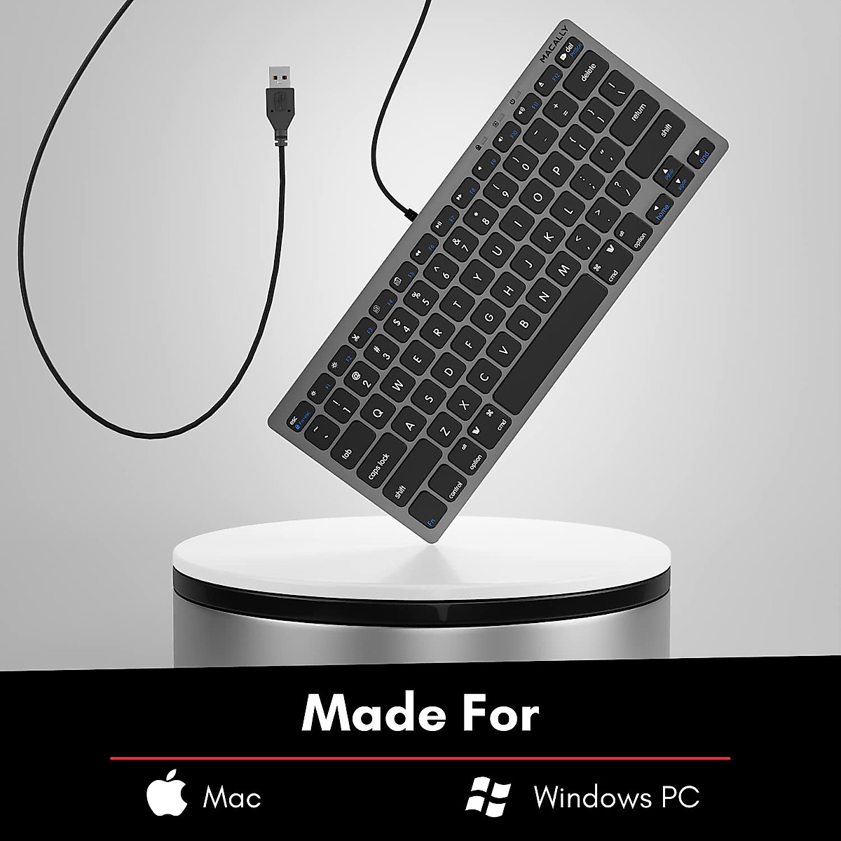 Macally Small USB Wired Keyboard for Mac and Windows - 78 Scissor Keys, 13 Shortcut Compatible Apple Keyboard - Mini Compact USB Computer Keyboard That Saves Space and Looks Great - Space Grey