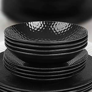 afcevnlb Black Dinnerware Sets 12 pcs Melamine Plates and Bowls Sets Round Dinner Set with Plates, Dishes, Bowls and Serving Platters, Kitchen Dinnerware Sets for 4