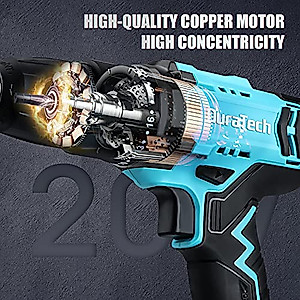 DURATECH 20V Cordless Drill, Electric Power Drill Driver Set with 1/2” Keyless Chuck, Variable Speed, 25+1 Torque Settings, 350 In-lbs Torque and 16pcs Drill Bits, Drill Tools Kit for Home Improvement