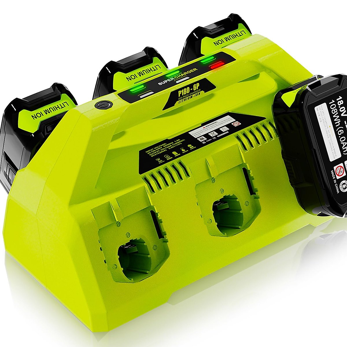 CaliHutt 【 Wall-Hole】 Replace 6 Port Chrager for P135 P117 Ryobi 18V Lithium-Ion Charger Fast Charge with Power Choose Button,6 LED Indicators