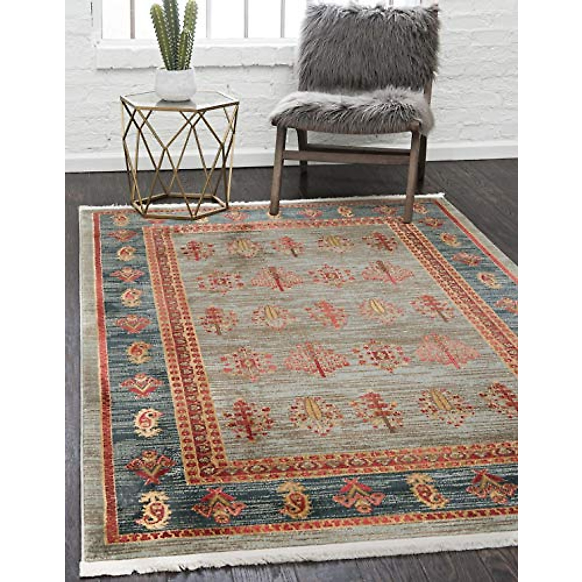 Unique Loom Fars Collection Modern Medallion Tribal Design with Natural Hues Area Rug, 5 ft x 8 ft, Light Blue/Navy Blue