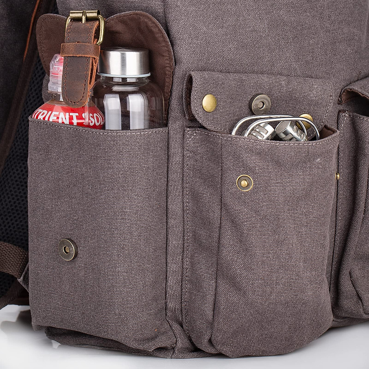 Canvas Backpack for Men Multi Pockets Vintage Travel Rucksack School Book Bag PU Trimming (Dark Gray)