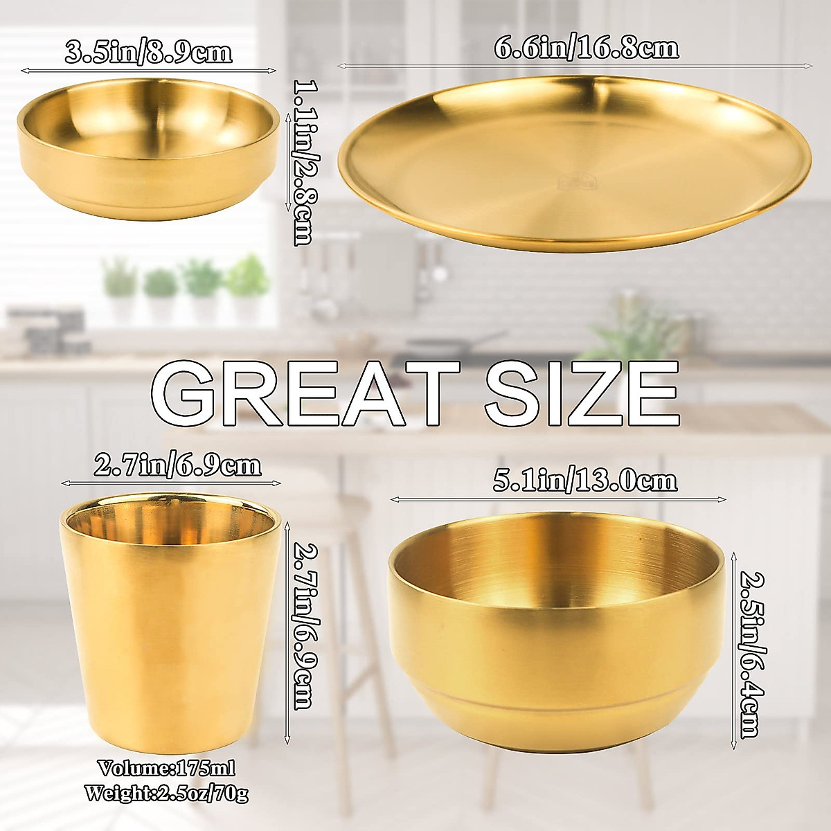 8 Pcs Stainless Steel Dinnerware Sets, Gold Dish Set, 6.6‘’Thickened Dinner Plates, 16.9 OZ Soup Bowls, 3.5 OZ Sauce Dish & Metal Cups, Stackable Dishware for Kitchen BBQ Party Picnic