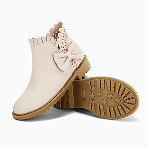 Coutgo Girls Bow Ankle Boots Ruffled Chunky Heel with Classic Side Zipper Dress Booties for Little Kids/Big Kids, Biege, Size 3