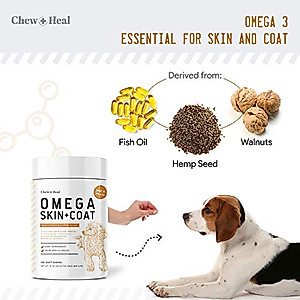 Chew + Heal Salmon Oil for Dogs - 180 Soft Chew Omega Treats for Skin and Coat - Fish Oil Blend of Essential Fatty Acids, Omega 3, 6, and 9, Vitamins, Antioxidants and Minerals - Made in USA