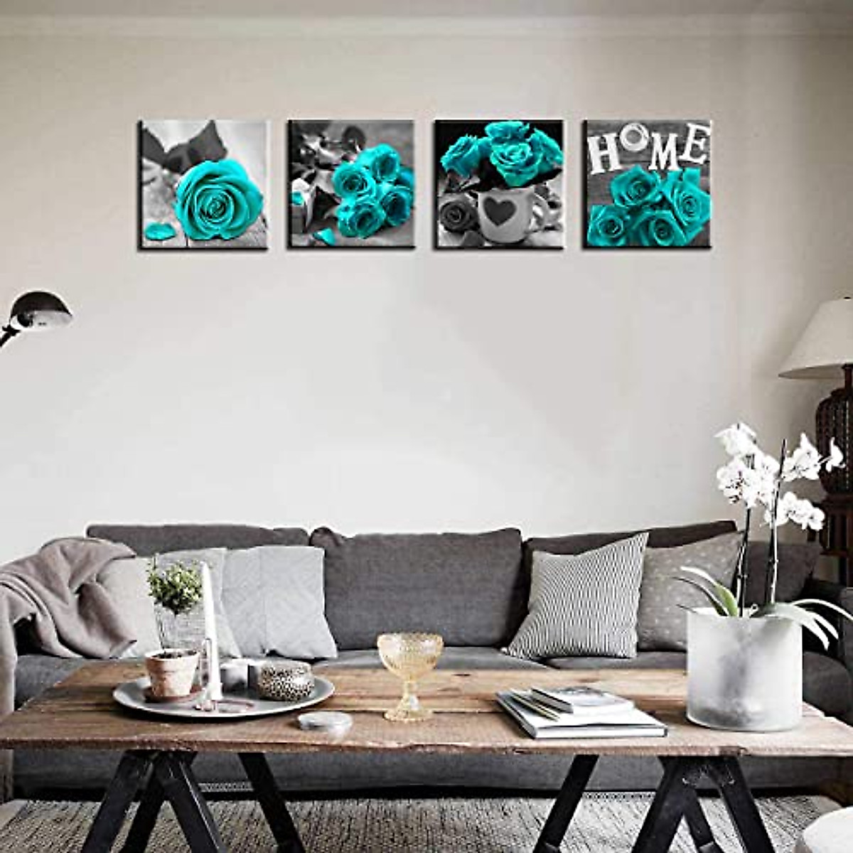 Byllyaz Teal Rose Wall Art Canvas Blue 4 Pieces for Living Room Decor Contemporary Turquoise Blossom Flowers Prints Pictures Artwork Kitchen Office Wall Decor Ready to Hang 16x16