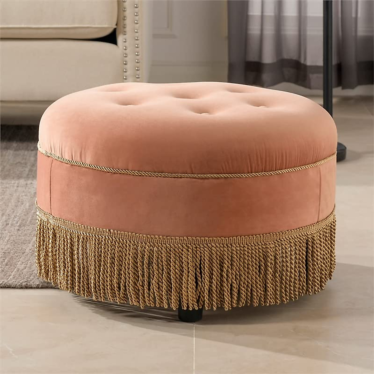 Jennifer Taylor Home Yolanda Upholstered Round Accent Ottoman, Peach Orange Velvet with Gold Trim