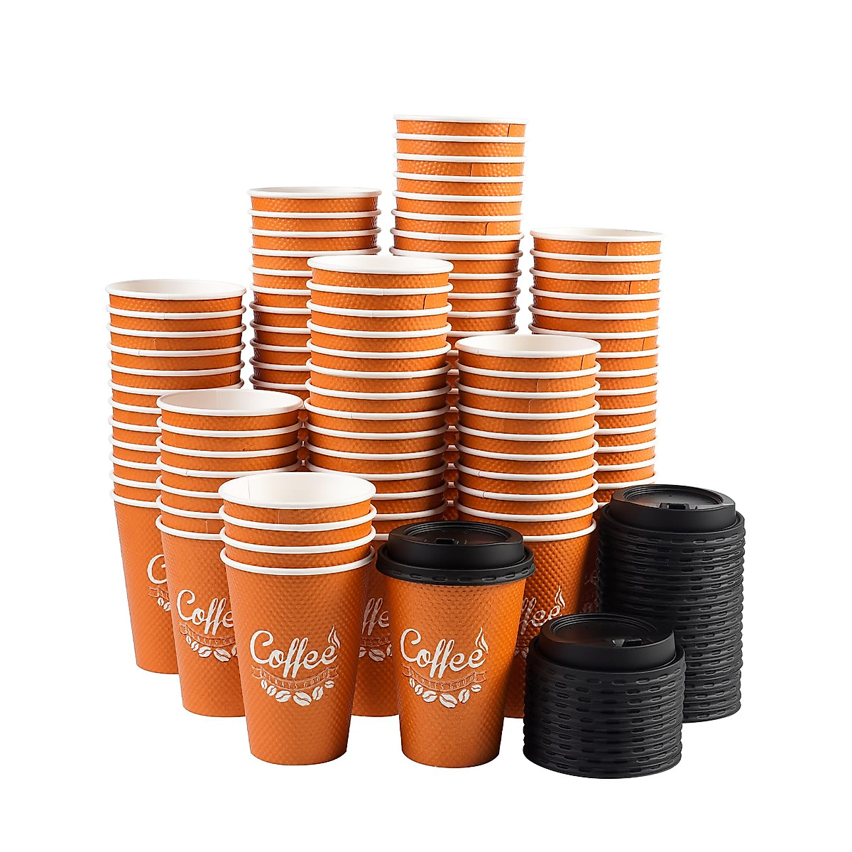 100 Pack 12 oz Disposable Coffee Cups, Insulated Ripple Double-Walled Paper Coffee Cups with Lids for Party Wedding, Cold/Hot Drinking Cups for To Go Hot Cups for Coffee, Tea, Hot Chocolate (Orange)