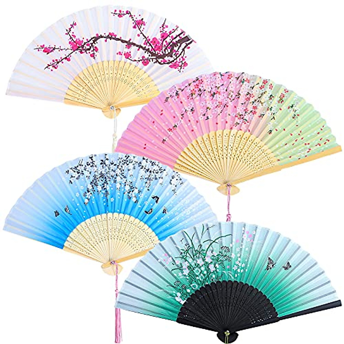Aneco 4 Pieces Folding Fans Bamboo Handheld Fans Silk Fabric Fans Hand Holding Fans for Wedding, Party, Gifts, Wall Decoration