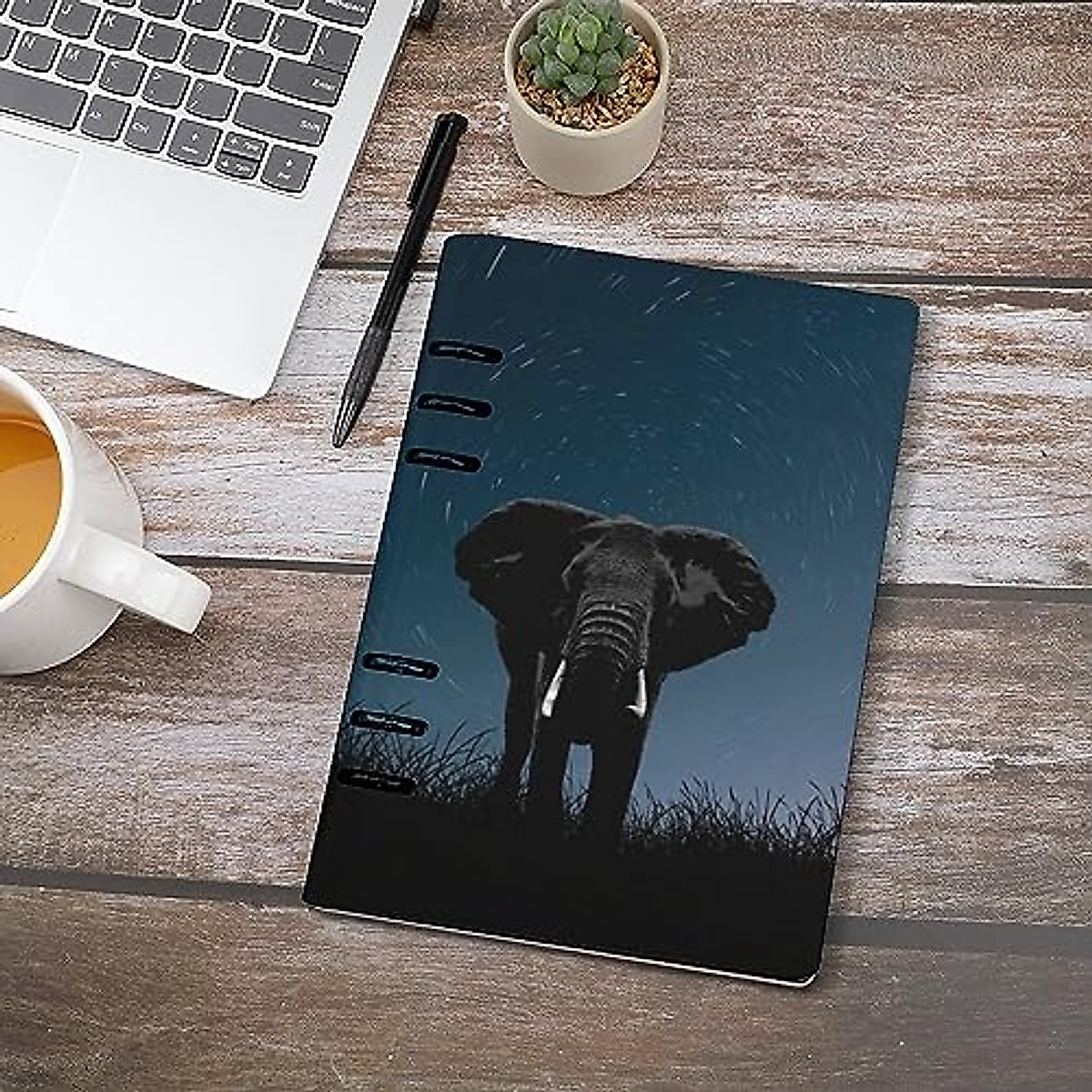 Black and White Elephant Starry Notebook Cover 6-Ring Binder Portable Planner Book Loose-Leaf Cover for Home Office