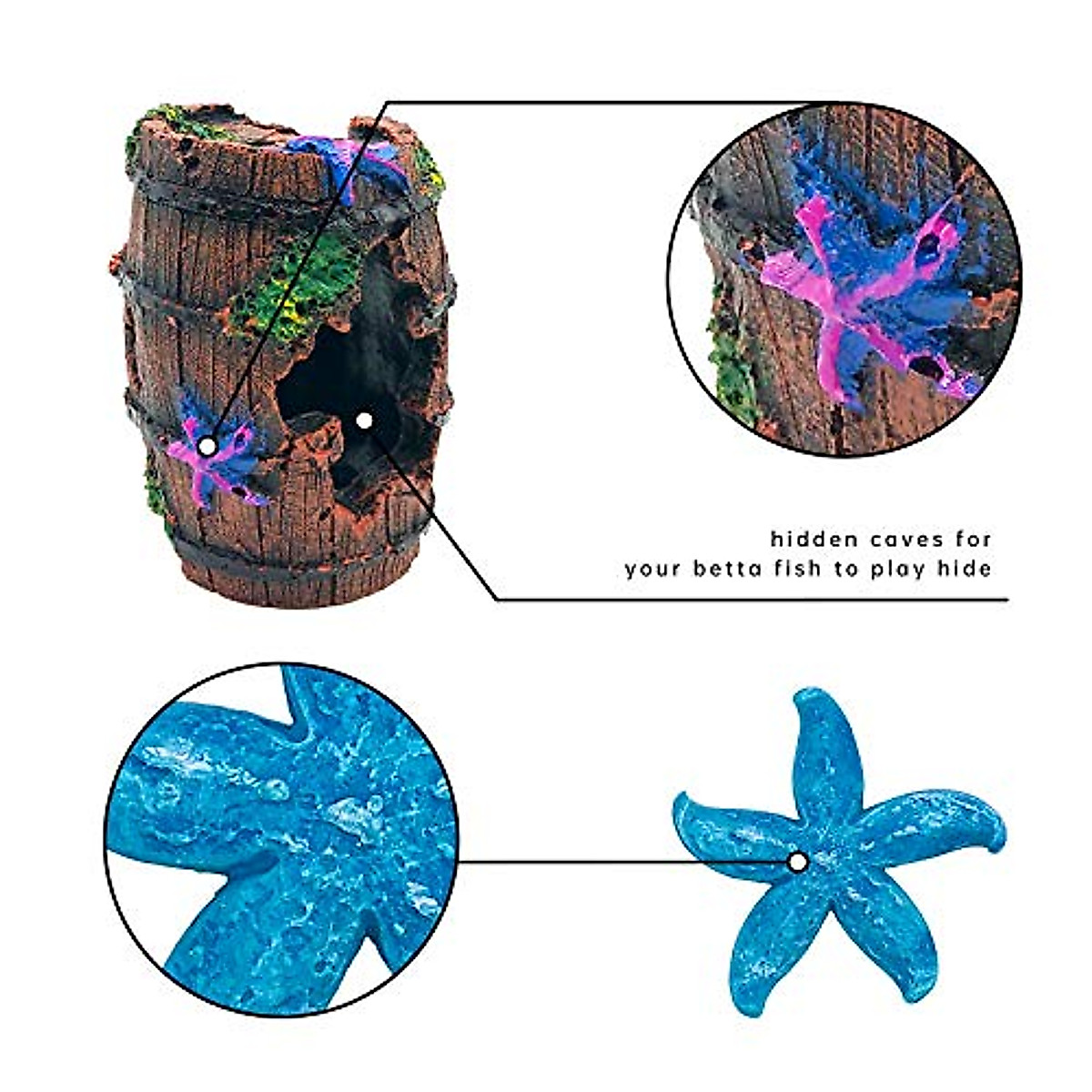 GSD Star-Fish Broken Barrel Decor Resin Betta Fish Tank Accessories Ornaments for Fish Cave Hide Tank Decorations, Broken Barrel x 1pc, Blue Star Fish Ornaments x 2pcs
