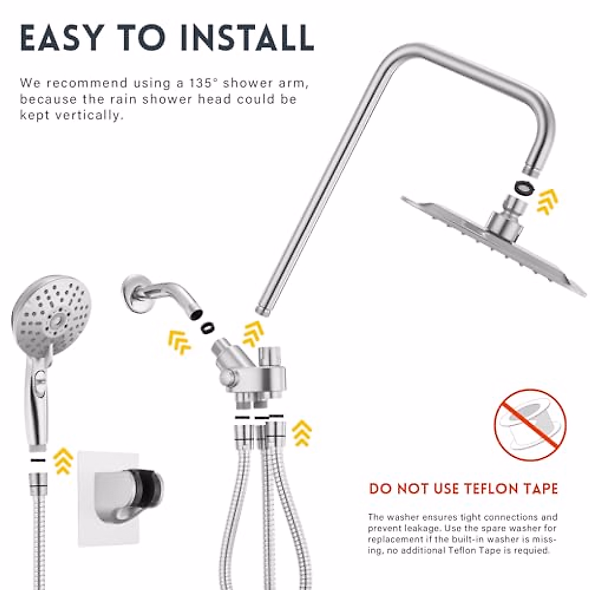 Ryamen Dual Shower Head Combo, 8'' High Pressure Rain/Rainfall Shower Head,5 Settings Adjustable Handheld Showers,with 15" Height Adjustable Slide Bar,Holder/Hose, Angle Adjustable, Chrome
