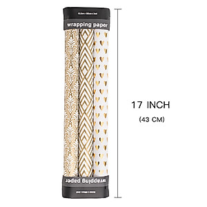 LeZakaa Gold Wrapping Paper Roll - Mini Roll - Geometric Patterns/Floral/Heart for Wedding, Bridal Shower, Birthday - 17 x 120 inches - 3 Rolls (42.5 sq.ft.ttl.)