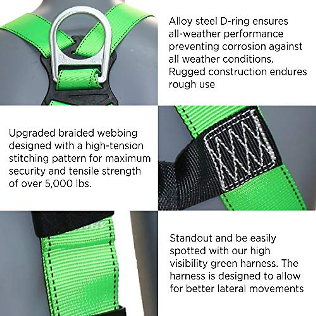 AFP Universal Full-Body Fall Protection Safety Harness w/Dorsal D-Ring Tongue Buckle Legs Hi-Viz Green, Shock Absorbing Lanyard (OSHA/ANSI Rated) (1 Pack, Harness + Single Leg Lanyard w/Snap Hooks)