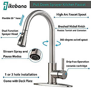 IKEBANA Kitchen Faucet with Pull Down Sprayer,Brushed Nickel Kitchen Faucet,High Arc Single Handle Single Hole Stainless Steel Pull Out Kitchen Sink Faucet with Deck Plate Faucet for Kitchen Sink