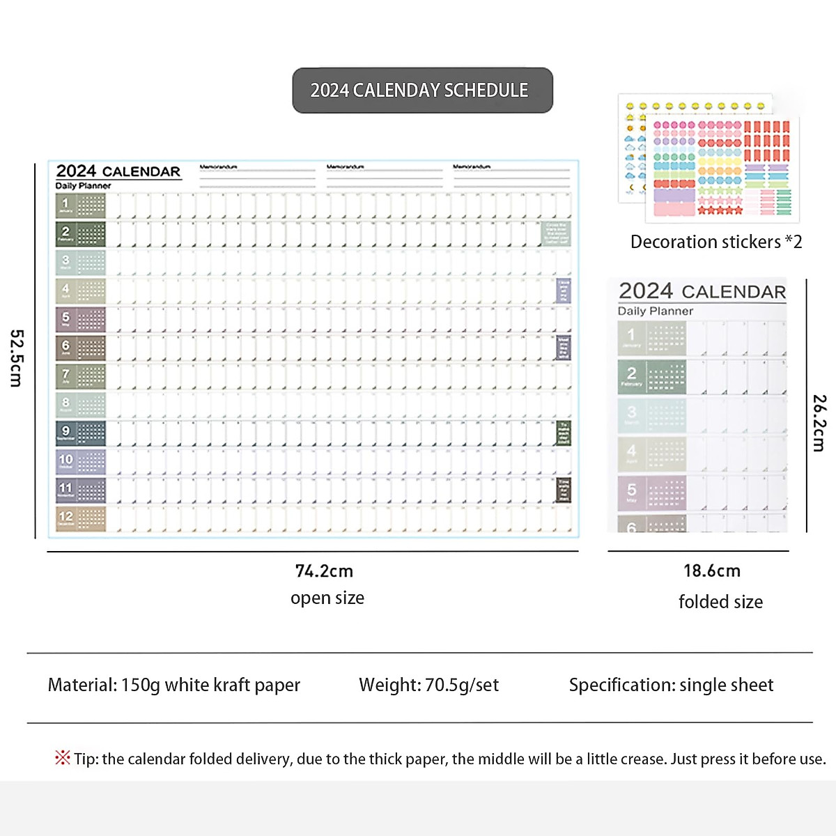 29''x20'' Poster Calendar 2024 Wall Calendar 12 Month Annual Yearly Wall Planner,Year-Round Large Wall Calendar， Large Size 12 Month Planner,2024 Calendar