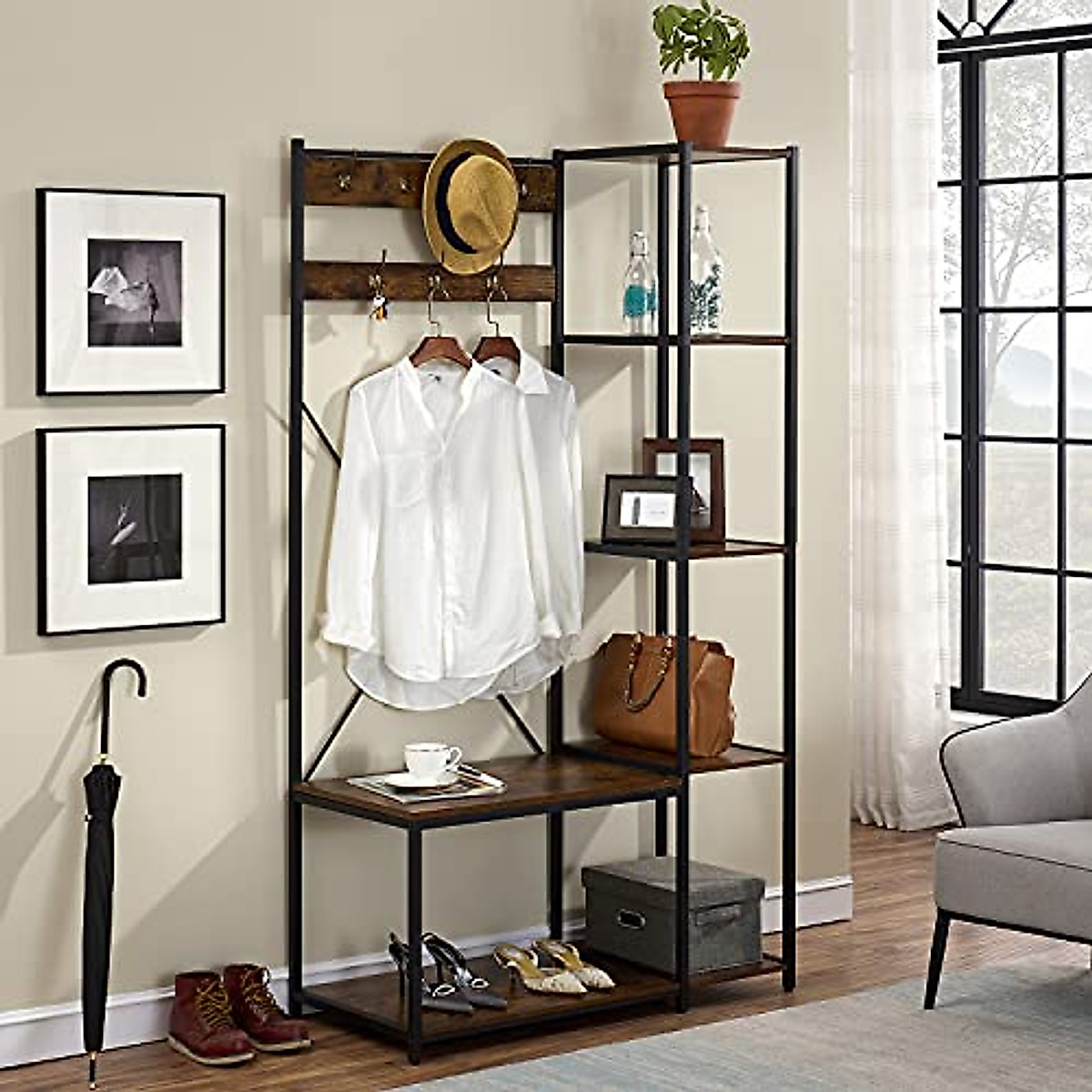 VECELO Coat Rack Shoe Bench,Hall Tree with 7 Hooks Entryway Storage 4-Tier Shelves and 1-Tier Shoe Shelf,Wood Look Accent Furniture Metal Frame,4 in 1 Design, Easy Assembly,Brown