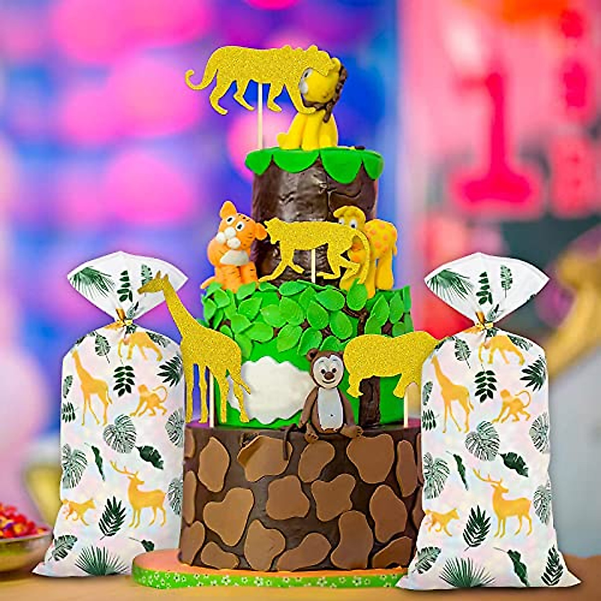 Lecpeting 100 Pcs Jungle Animal Treat Bags Safari Animal Cellophane Candy Bags Jungle Plastic Goodie Storage Bags Safari Party Favor Bags with Twist Ties for Safari Theme Birthday Party Supplies