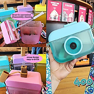 2 Pieces kawaii Water Bottles with Straw and Strap, Cute Plastic Camera Ice Cream Popsicle Cartoon Water Bottle Leakproof Water Cups Juice Drinking Bottle for School Girls Summer Outdoor