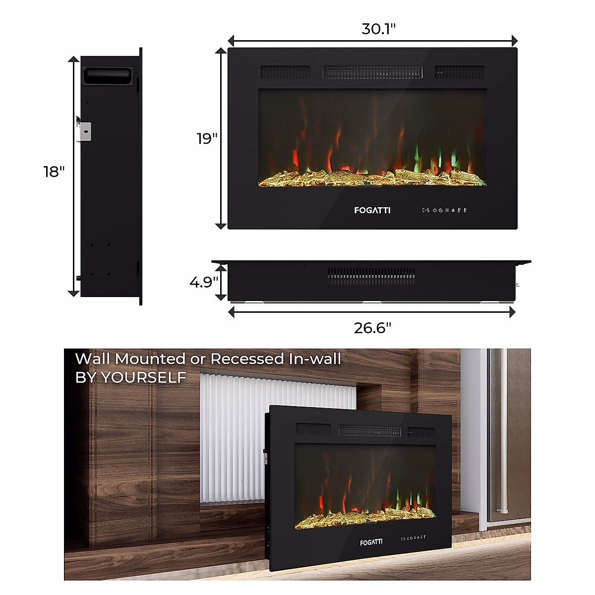 FOGATTI Electric Fireplace 30 Inch Wall Mounted and Recessed, RV Electric Fireplace, Remote Control with Timer, Fireplace Heater, Realistic 7 Color Flame, Crystals & Driftwood Options