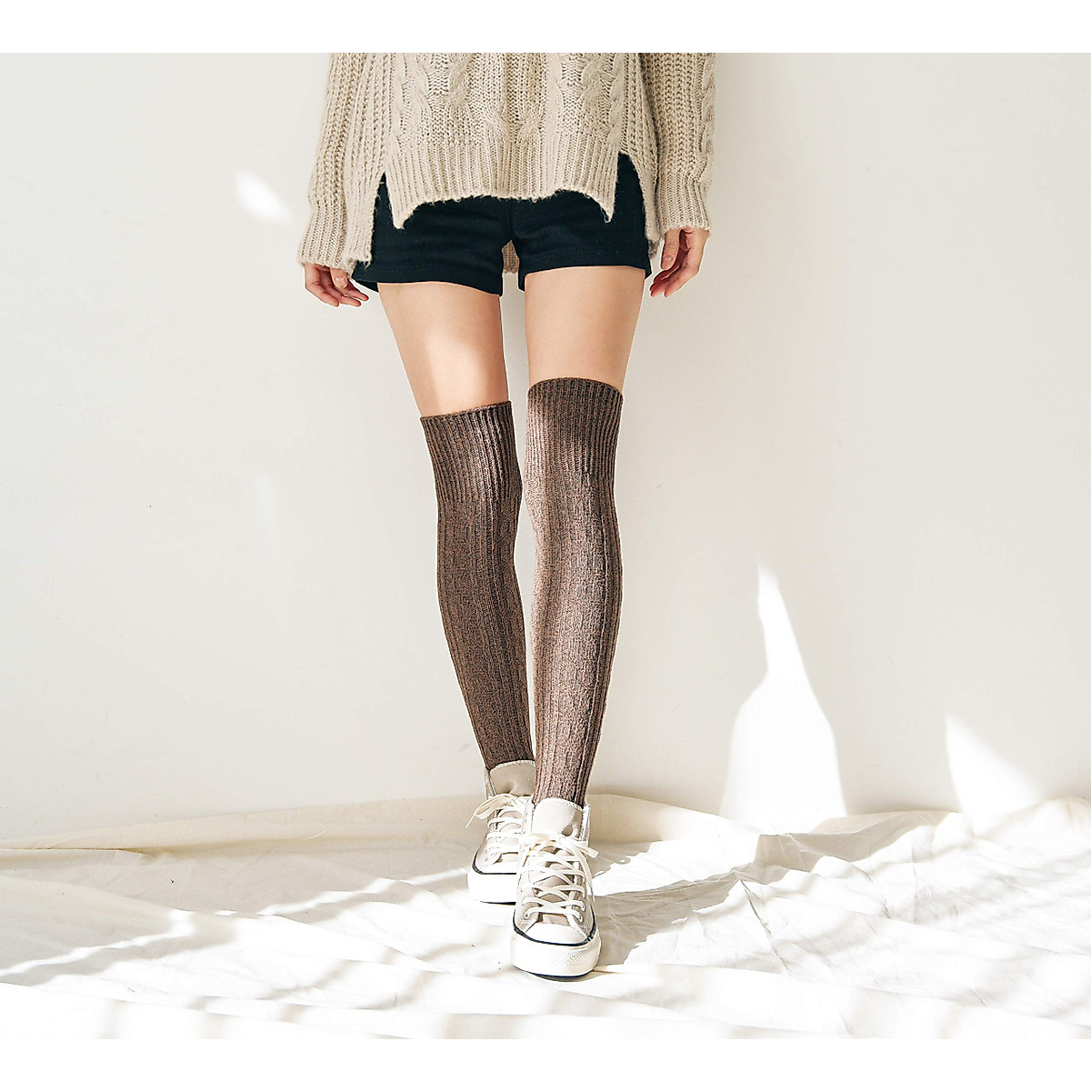 STYLEGAGA Winter Cozy Cable Knit Over The Knee High Boot Socks (One Size: XS to M, Cozy Cable_Basic 3Pair)