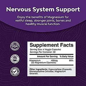 Magnesium Glycinate 400mg Mineral Supplement - Calming Magnesium Supplement for Women and Mens Natural Sleep Support Bone Health Immunity Mood Support Heart Health and Muscle Recovery