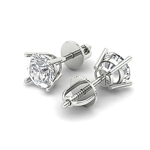 Clara Pucci 1.0 ct Brilliant Round Cut Solitaire Genuine VVS1 Moissanite Pair of Stud Earrings Solid 18K White Gold Screw Back
