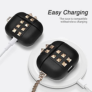 Nereides Compatible with AirPods 3 Case, Protective Leather Cover with Keychain, High-end Fashion Design Skin with Bling Rivets for Women, Supports Wireless Charging, Black