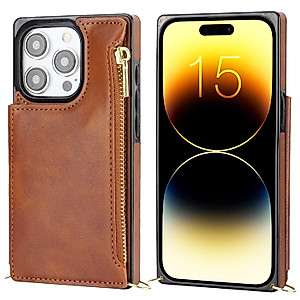 Bocasal Crossbody Wallet Case for iPhone 15 Pro with RFID Blocking Card Slot Holder, Magnetic Flip Folio Purse Case, PU Leather Zipper Handbag with Detachable Lanyard Strap 6.1 Inch 5G (Brown)