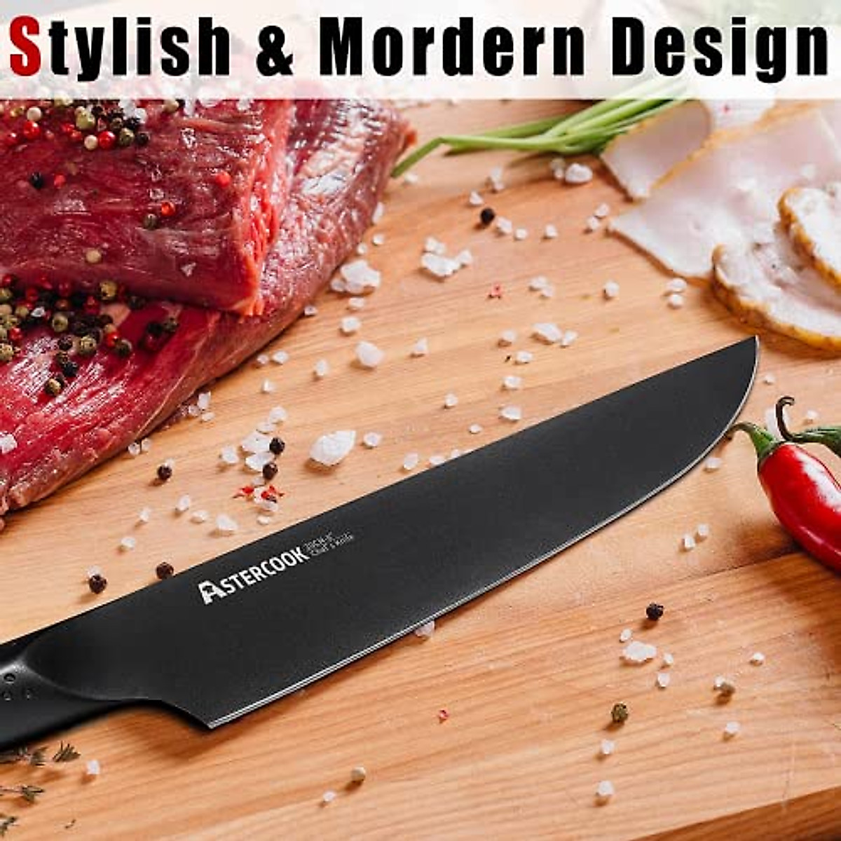 Astercook Chef Knife, 8 Inch Pro Kitchen Knife Dishwasher Safe, High Carbon German Stainless Steel Chef's Knives with Ergonomic Handle, Elegant Black, Best Gifts