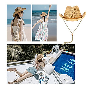 Straw Cowboy Hat Wide Brim Sun Cowgirl Summer Panama with Chin Strap Men Women Sombrero Travel Outdoor Family Khaki, One Size