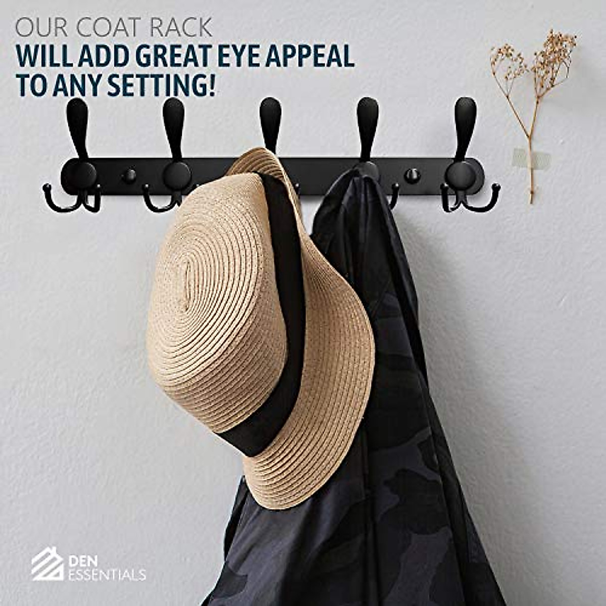 Metal Wall Mounted Coat Rack | 5 Tri-Hooks Hold Up to 50 LBS | On Door Towel Rack can be Installed in Minutes - All Setup Tools Included | For Bathroom, Living Room, Kitchen & Garage (Black)