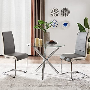 Modern Dining Table Set for 2 Person,3 Pieces Kitchen Dining Room Sets with Glass Round Table Top,Chrome Legs + 2 Grey with White Side,Faux Leather High Back Dining Room Chairs Set for Home Office